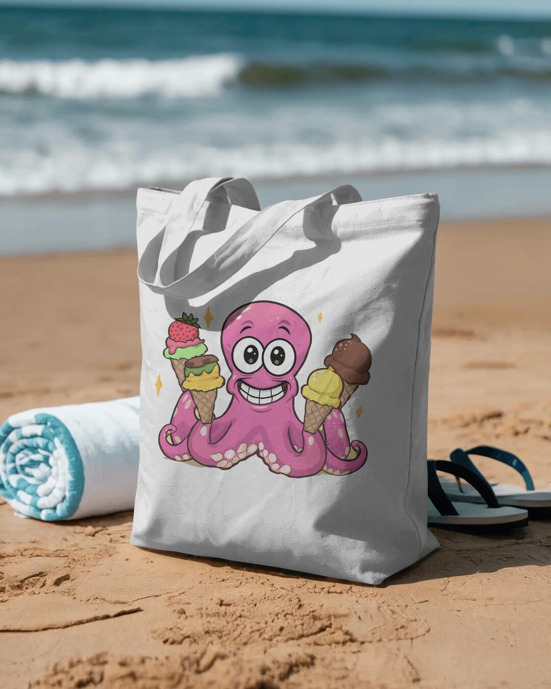 Cute Pink Octopus Tote Bag | Kawaii Ice Cream Design | Fun Summer Beach ...