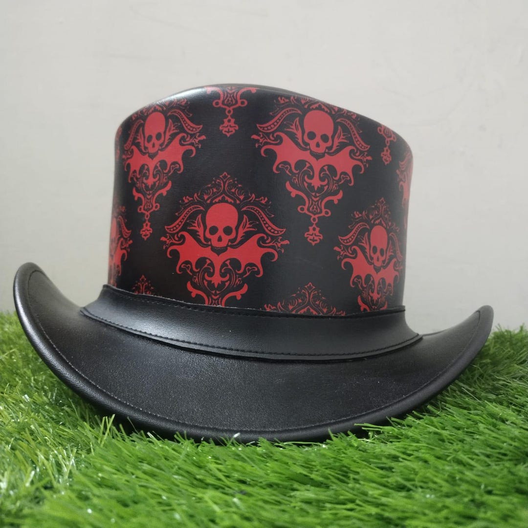 Handmade Black Leather Top Hat – Red Skull Gothic Steampunk Halloween ...