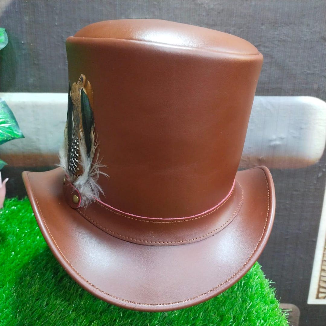 Handmade Brown Leather Top Hat – Feather Accent Steampunk Style ...