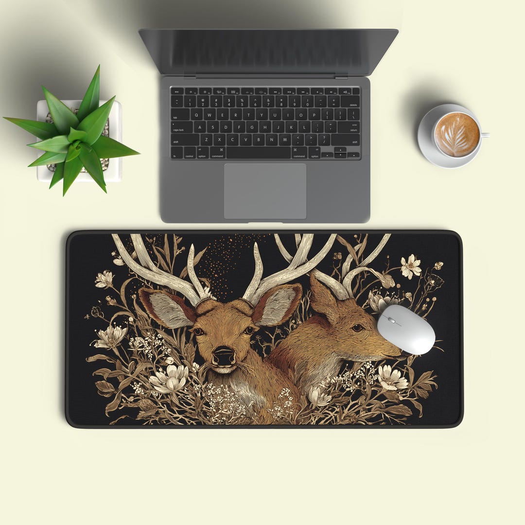 Elegant Deer Desk Mat | Line Art Gold Leaves Flowers | Majestic Animal ...