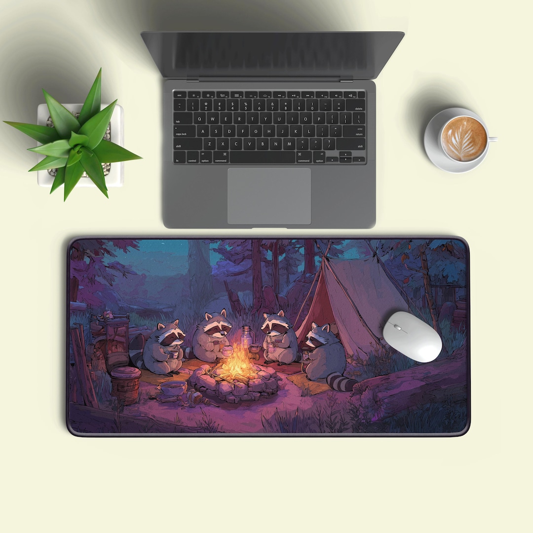 Raccoon Campfire Desk Mat | Cozy Forest Gift | Large Gaming Pad | Anime ...
