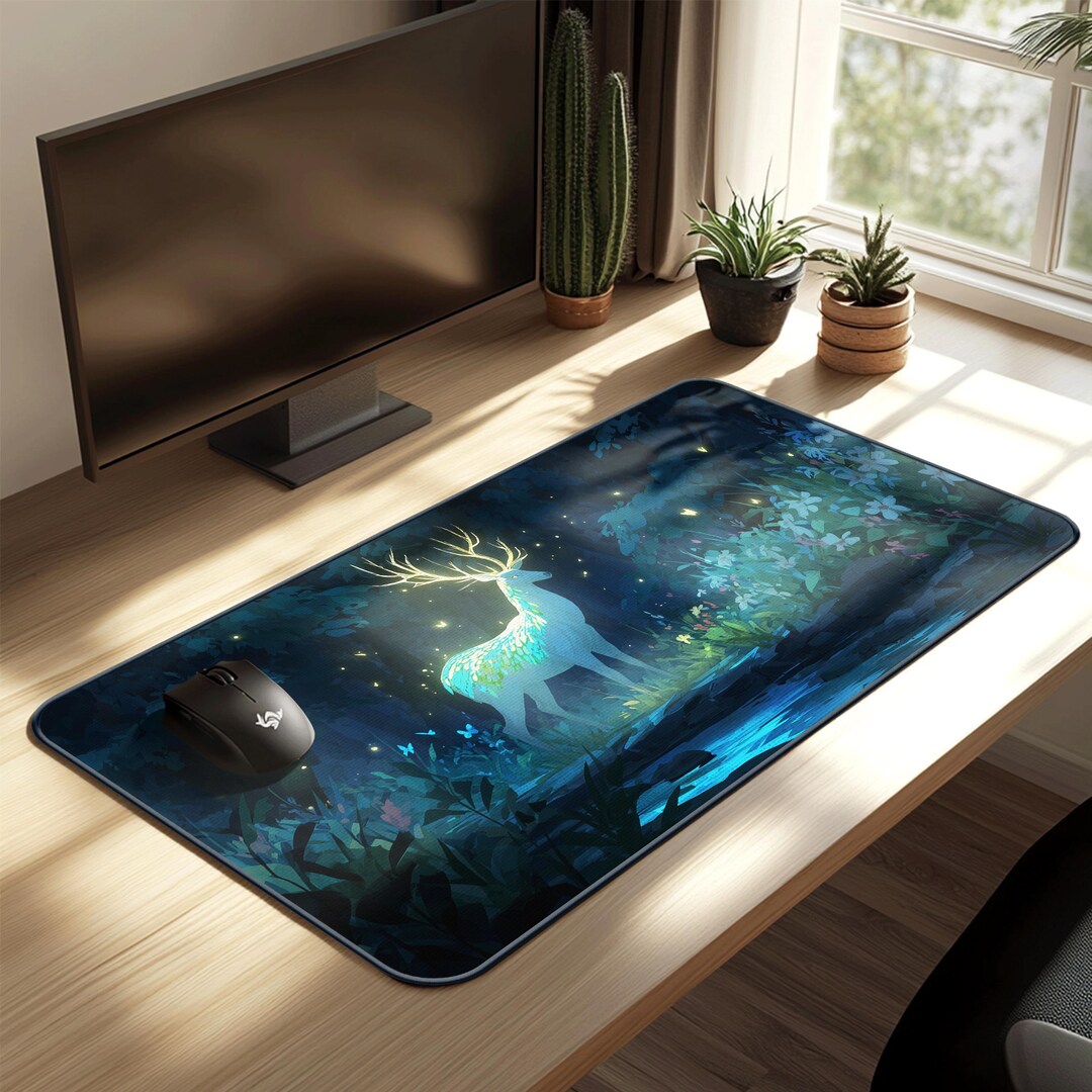 Mystical Glowing Deer Playmat | Enchanted Night Forest Art | Blue Green ...