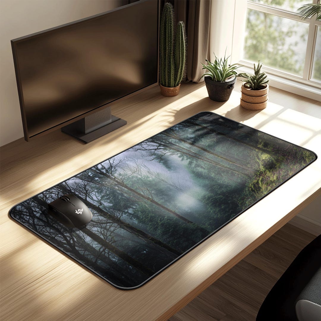 Misty Woodland XXL Desk Mat | Extended Foggy Forest Mouse Pad | Large ...