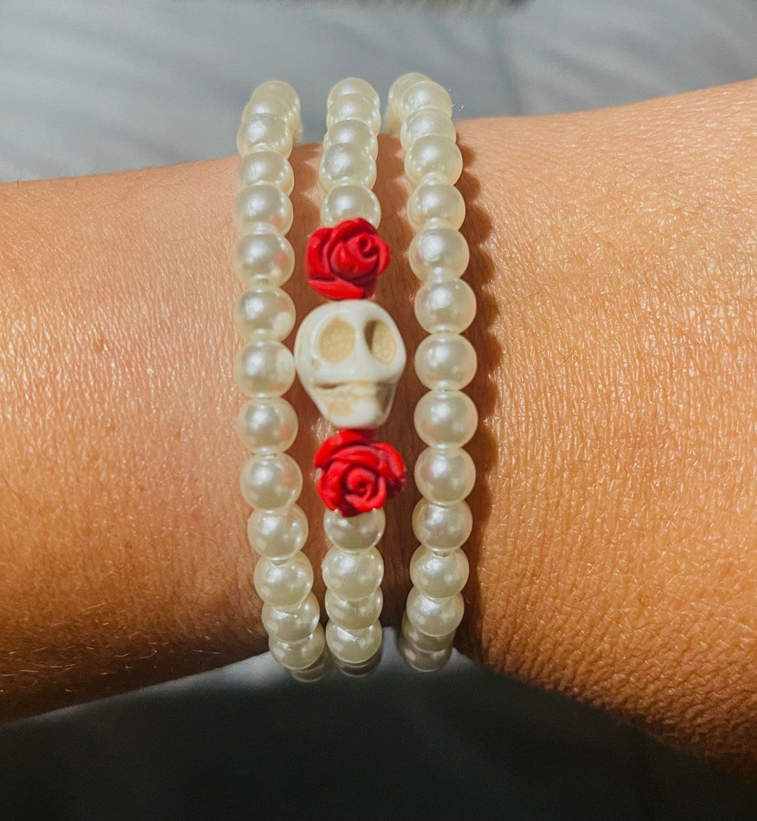 Day of the Dead Wrap Around Faux Pearls Bracelet Red Roses and Bone ...