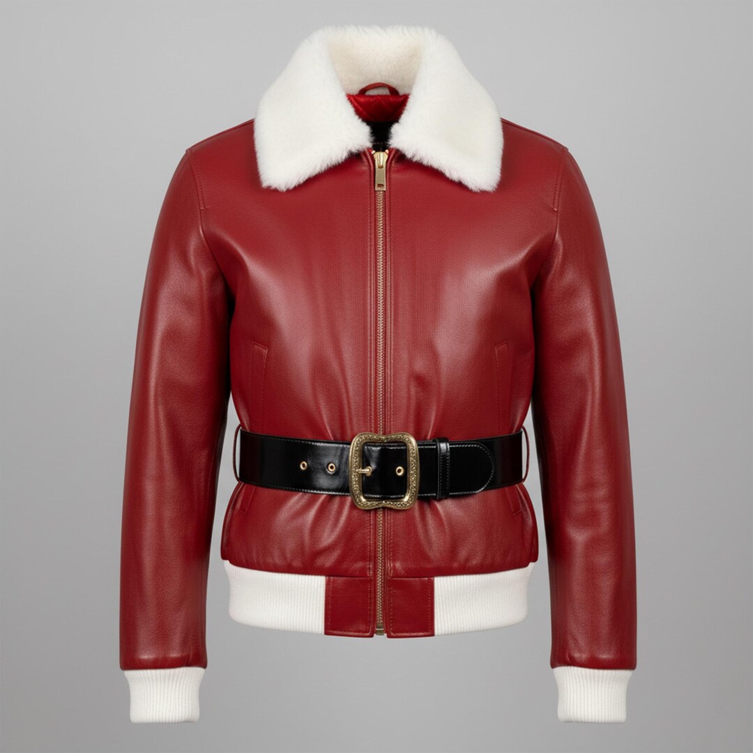 Santa Claus Red Leather Jacket - Festive Fur Collar Christmas Coat - Etsy