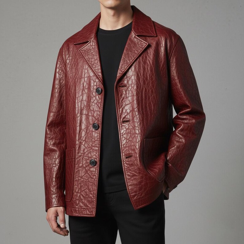 Relaxed Fit Red Leather Jacket - Irregular Texture Leather Blazer Style ...