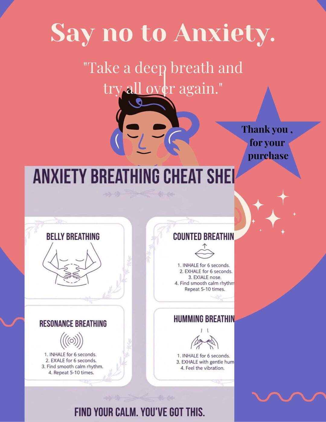 Anxiety Relief Breathing Cheat Sheet Printable | 4 Different Techniques ...