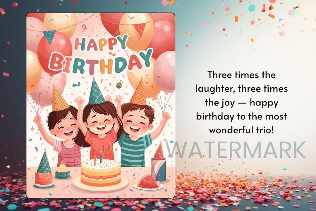 Triplet Birthday Card: Colorful Balloons and Confetti (digital Download ...