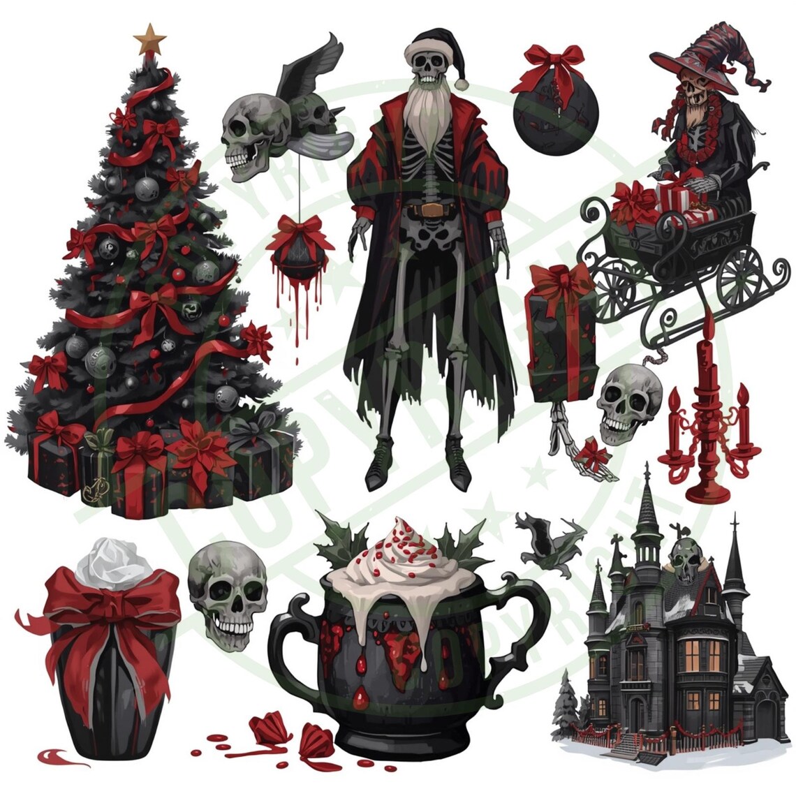 Gothic Christmas Clipart | Skeleton Santa, Haunted House (PNG Bundle ...