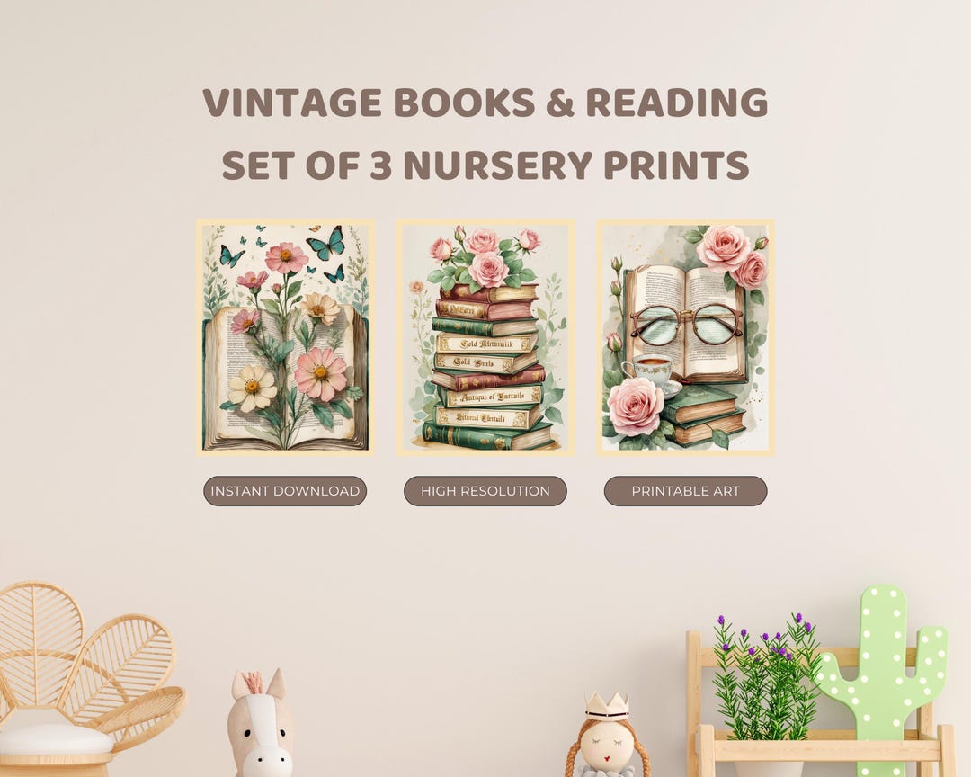 Vintage Books Reading Nursery Prints Set of 3 | Floral Library Art ...