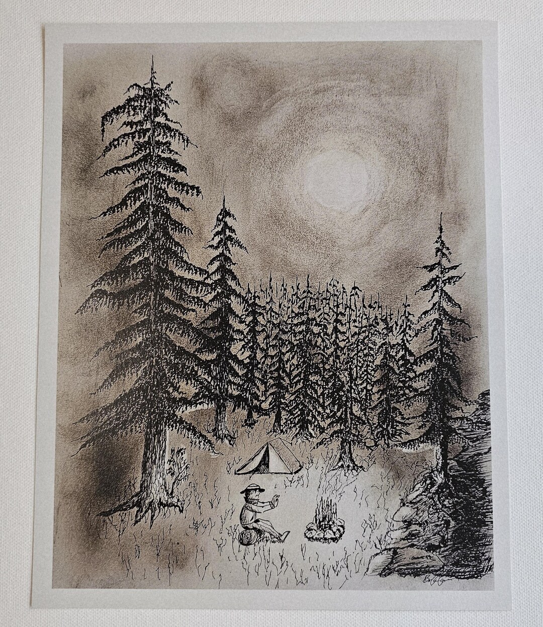 Drawing Print of a Foggy Moonrise Over a Camp From an Original Ink and ...