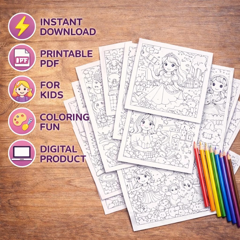 Princess Coloring Pages for Kids – Printable PDF (CMYK) Digital ...