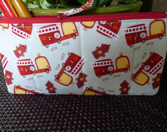 Handcrafted Fire Truck Zipper Pencil Case/ Travel Bag/ Pouch/ Gadget ...