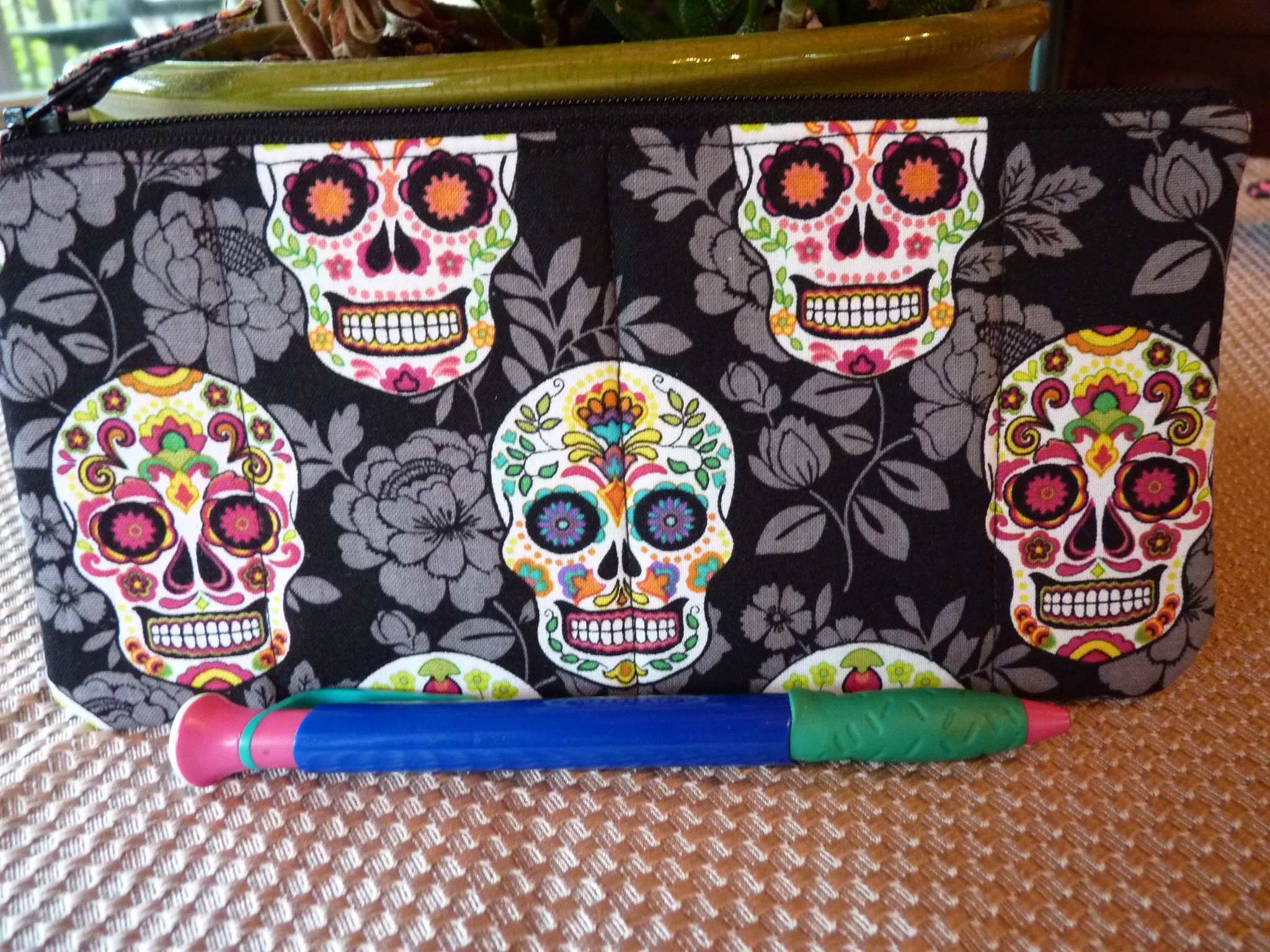 Handcrafted Sugar Skull Zipper Pencil Case/travel Bag/ Pouch/makeup Bag ...