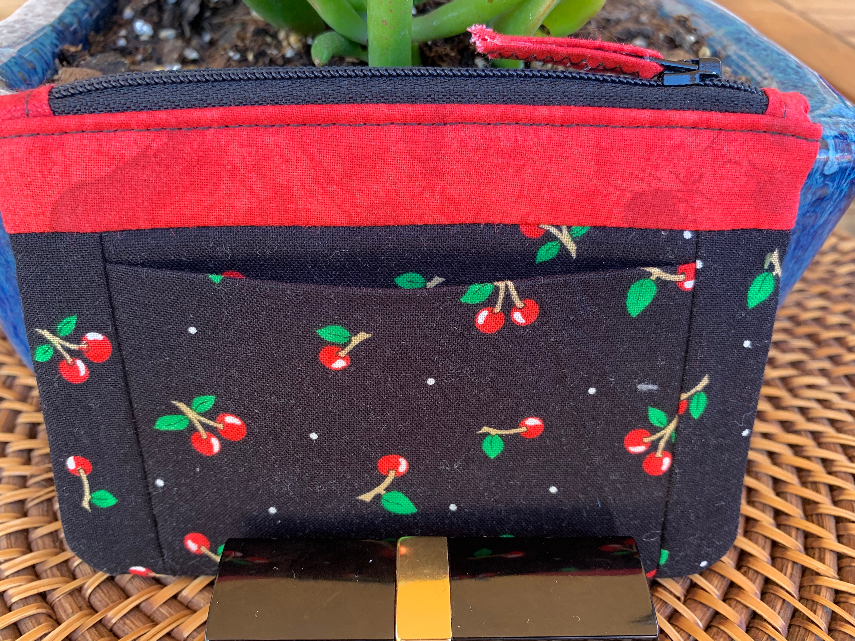 Handcrafted Cherry Zipper Coin Purse/ Mini Wallet With Outside Pockets ...