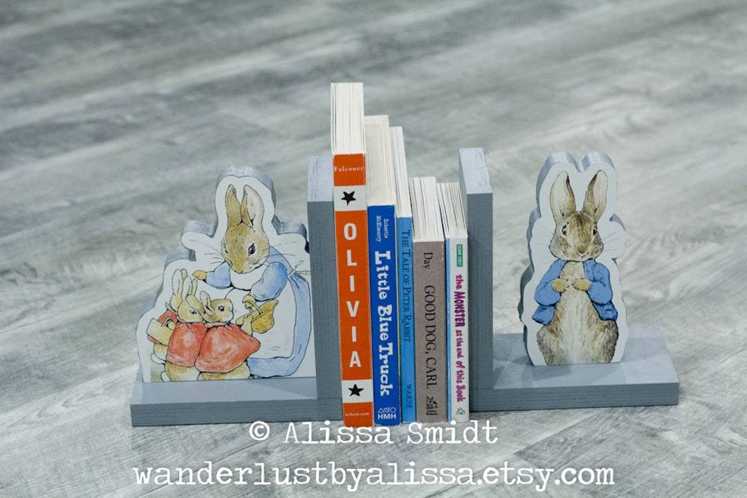 Peter Rabbit Beatrix Potter Custom Wooden Bookends (grey, Book Lover ...