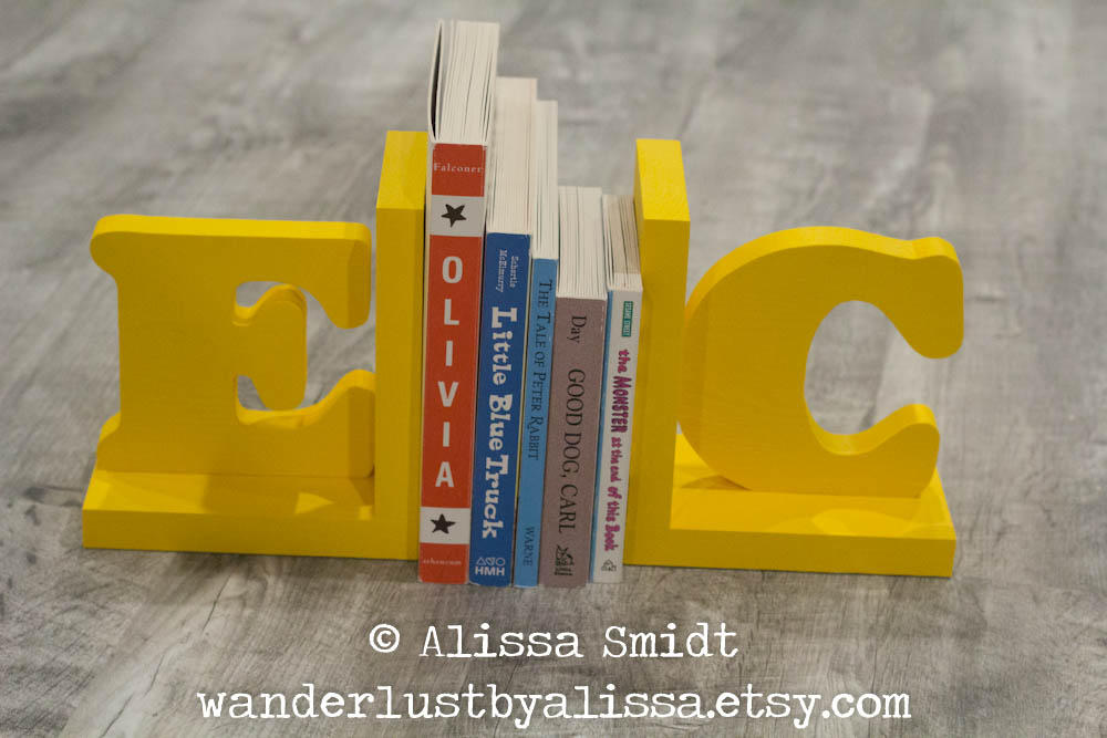 Yellow Letter Bookends, Initial Bookends, Wooden Custom Bookends ...