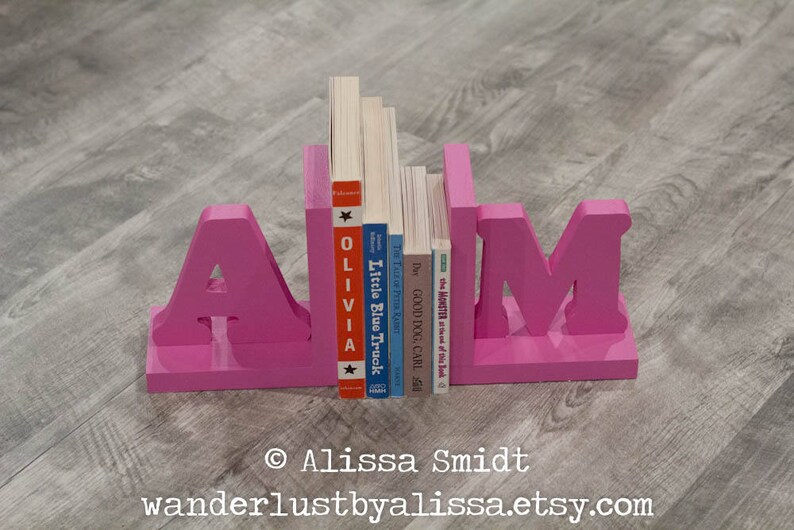 Pink Magenta Letter Bookends, Initial Bookends, Wooden Custom Bookends ...