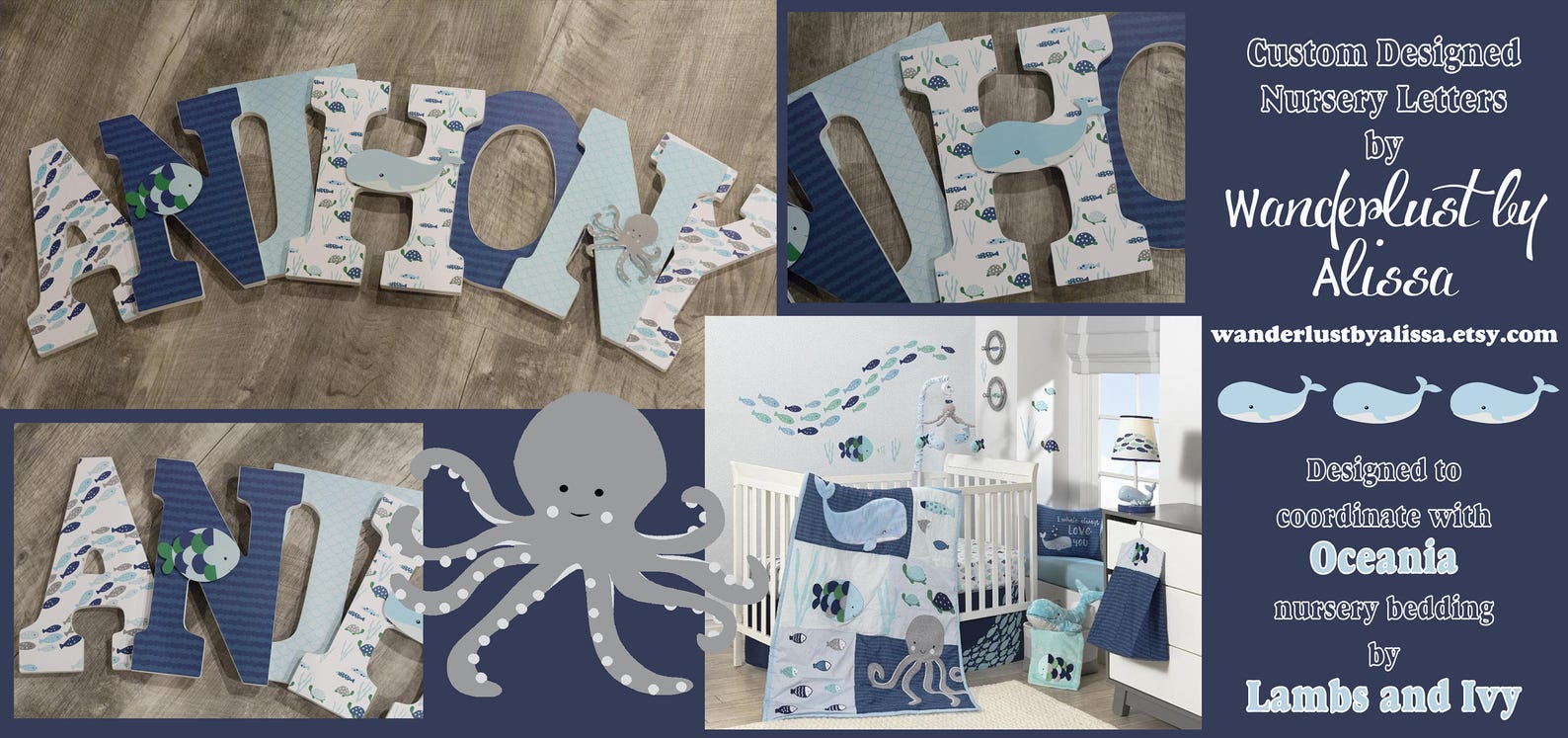 Oceania Letters, Fish Whale Octopus Under the Sea Custom Wooden Letters ...