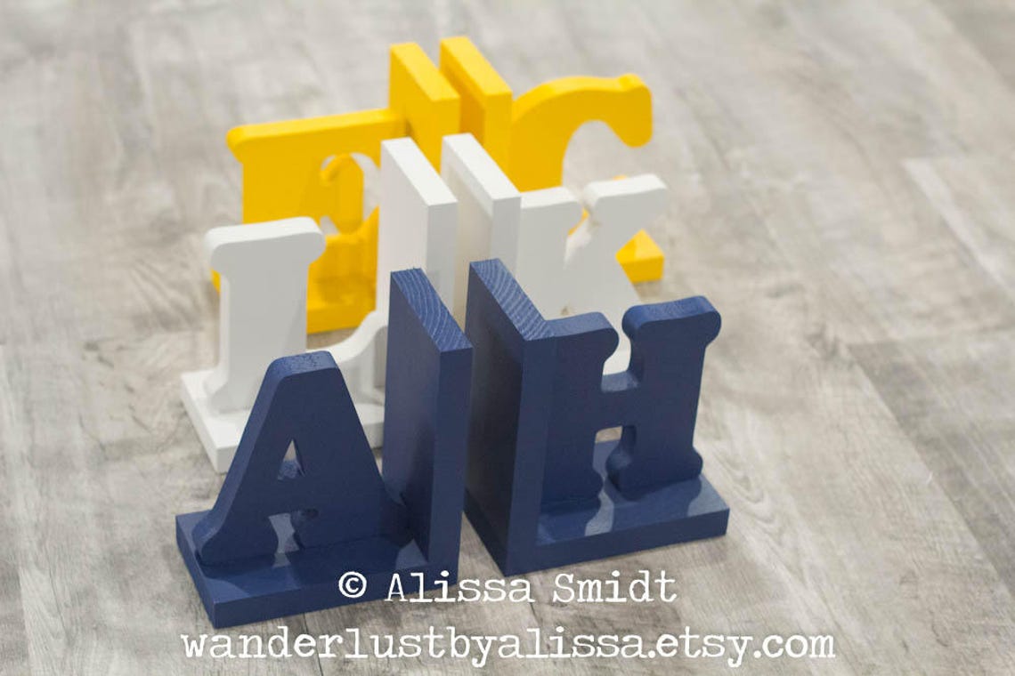Yellow Letter Bookends, Initial Bookends, Wooden Custom Bookends ...