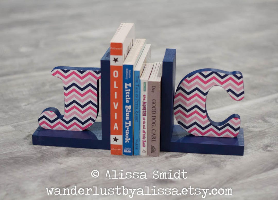 Letter Bookends, Initial Bookends, Pink and Navy Chevron Wooden Custom ...