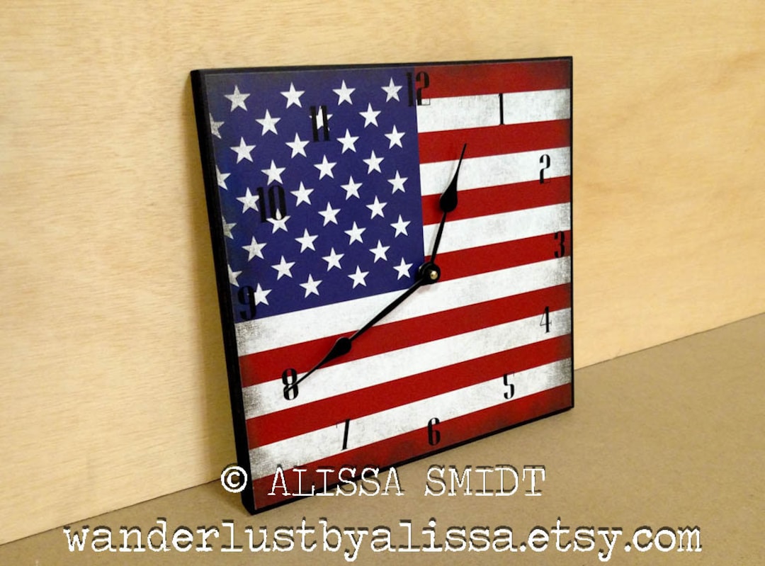 American Flag Clock - Rustic Flag Clock, Usa, Wood Clock - 12 Inch X 12 ...