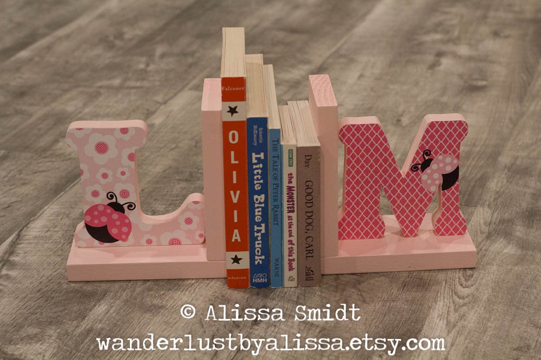 Ladybug Letter Bookends, Pink Initial Bookends, Wooden Bookends ...