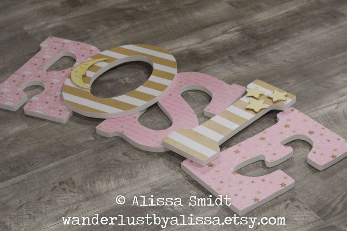 Star and Moon, Custom Wooden Nursery Letters, Custom Letters (pink and ...