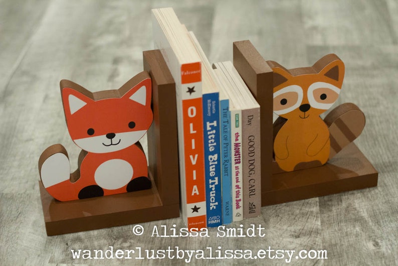 Fox and Raccoon Wood Bookends - Custom Created to Coordinate With Your ...