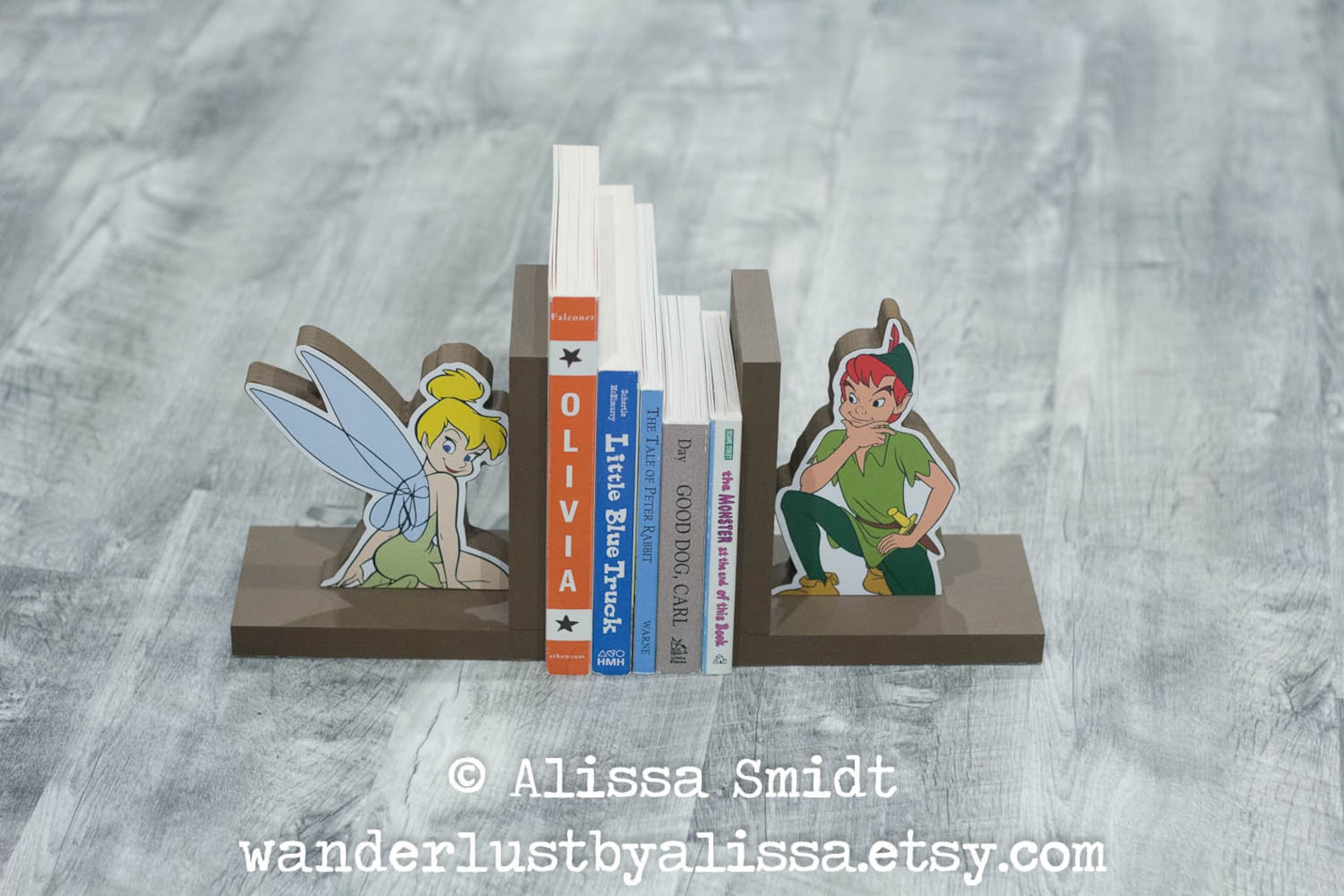 Peter Pan and Tinkerbell Custom Wooden bookends brown book | Etsy