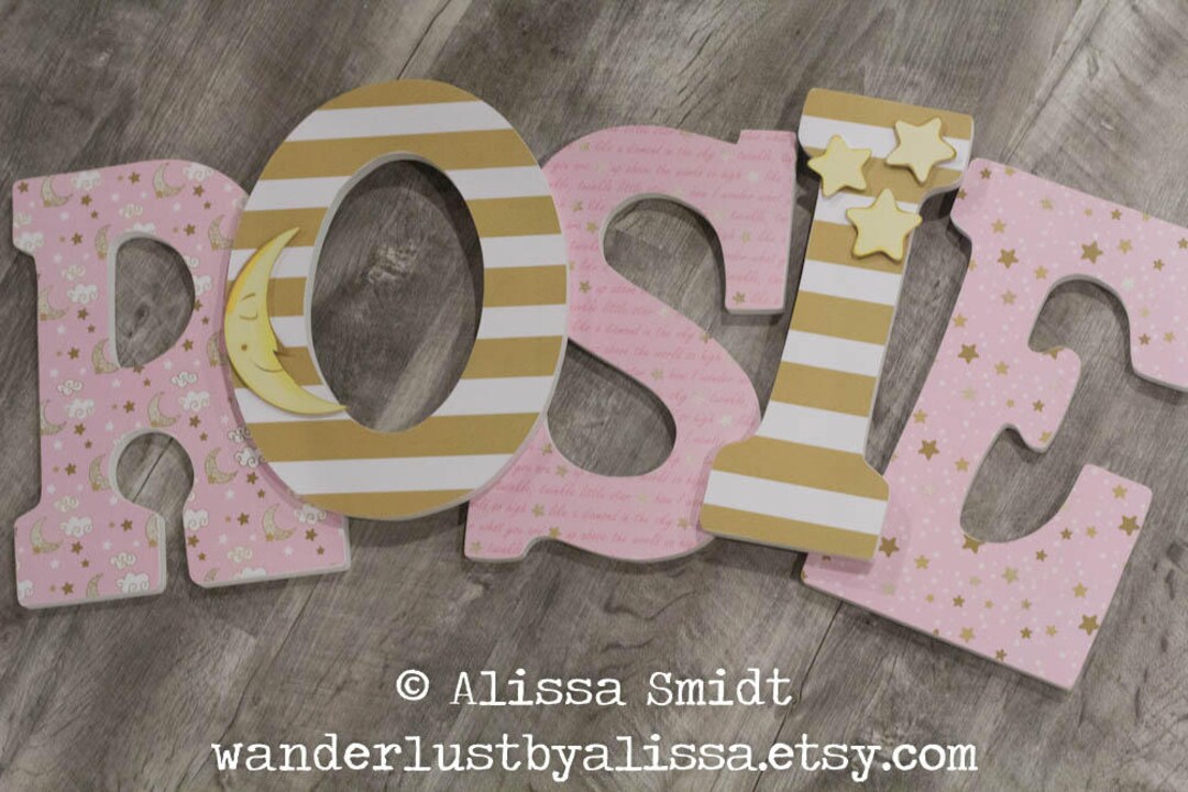 Star and Moon, Custom Wooden Nursery Letters, Custom Letters (pink and ...