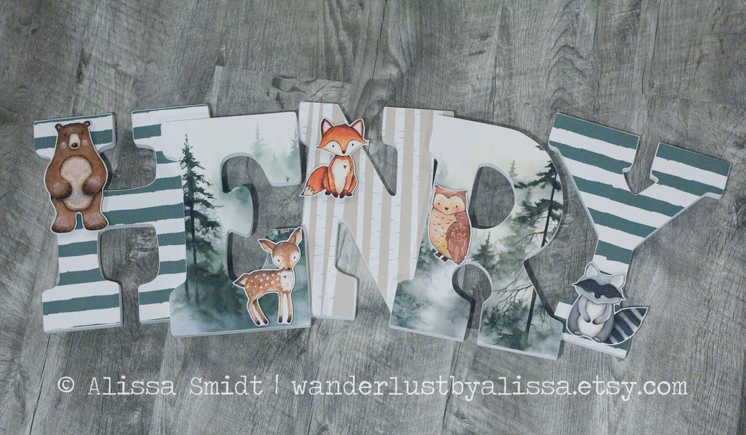 Forest Woodland Animals Wooden Letters Watercolor Decor Forest Animals ...