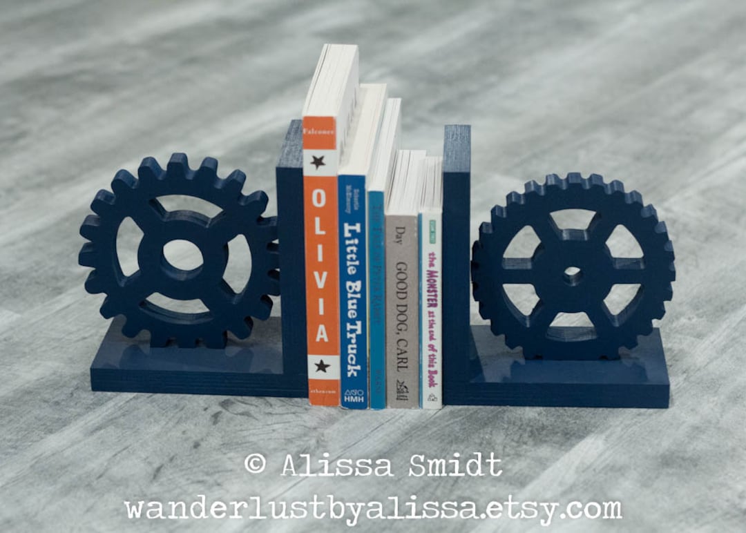 Gear Bookends Custom Wooden Bookends, Cog Bookends (navy, Book Lover ...