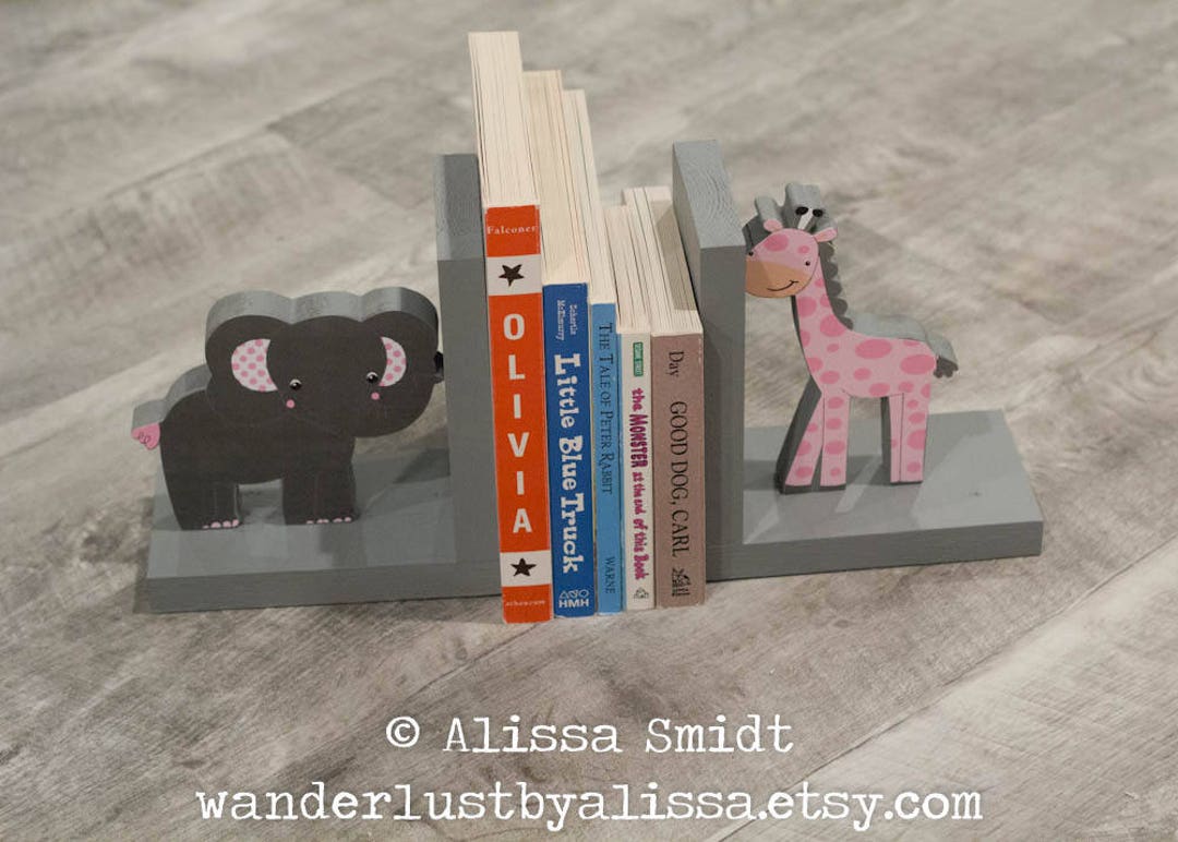 Elephant and Giraffe Bookends, Pink and Grey, Jungle Themed Custom Made ...