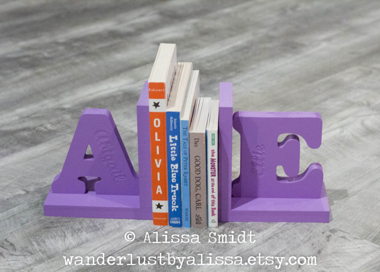 Engraved Lavender Purple Letter Bookends, Initial Bookends, Wooden ...