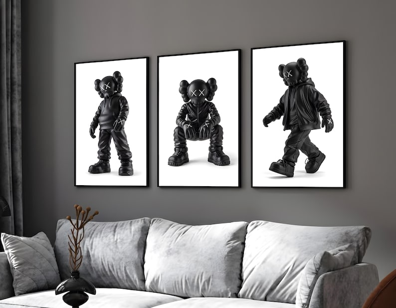 Printable KAWS Wall Art Set, Black Graffiti Hypebeast Figure Poster ...