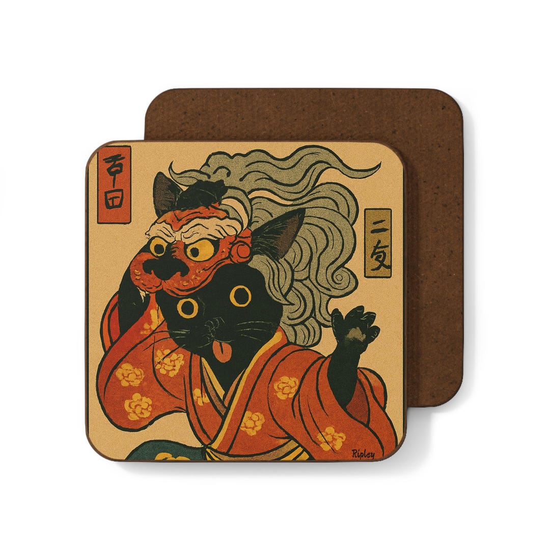 Black Cat Oni Mask Coaster | Japanese Ukiyo-e Bar Decor - Etsy
