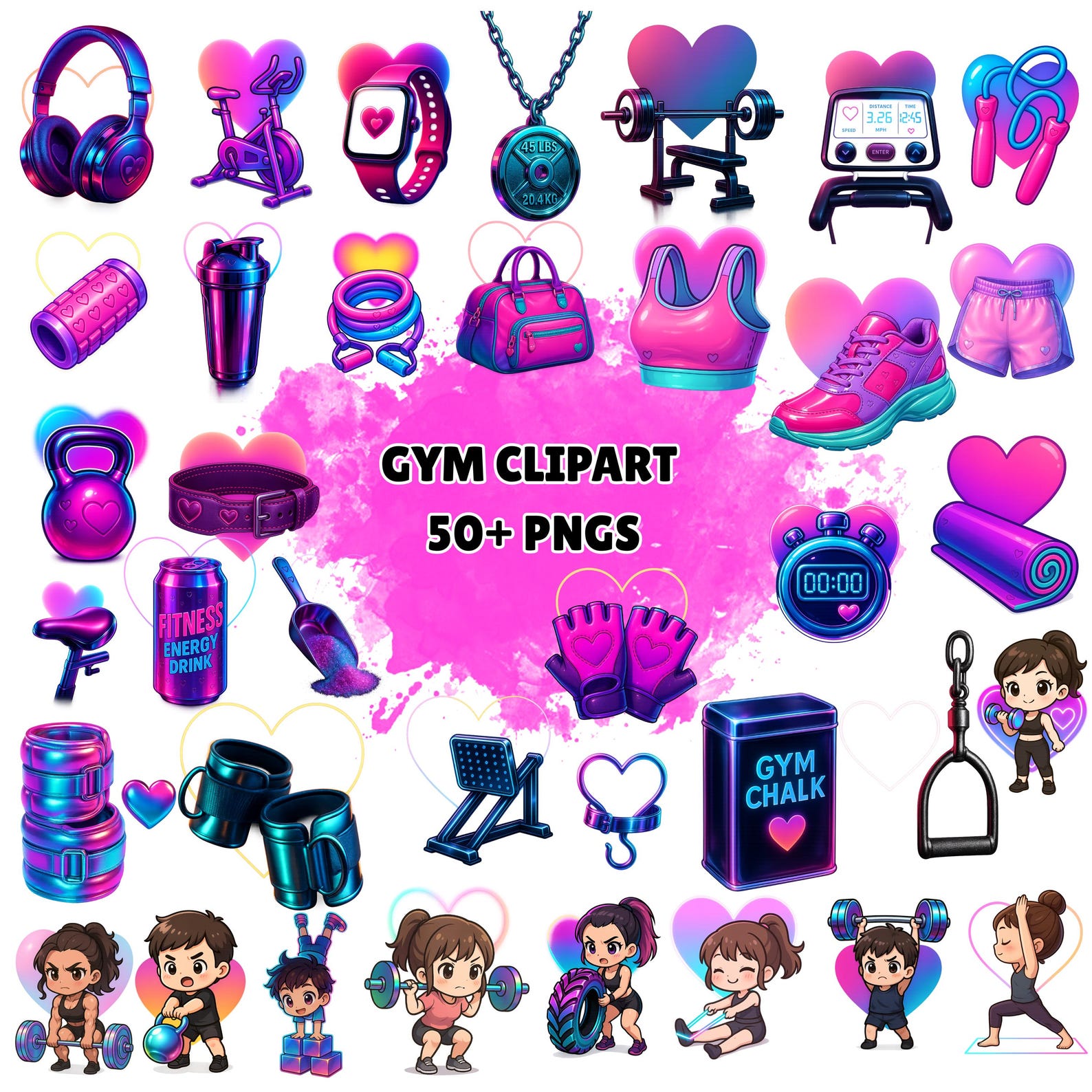 Neon Gym Clipart Bundle | Kawaii Fitness Pngs (digital Download) - Etsy