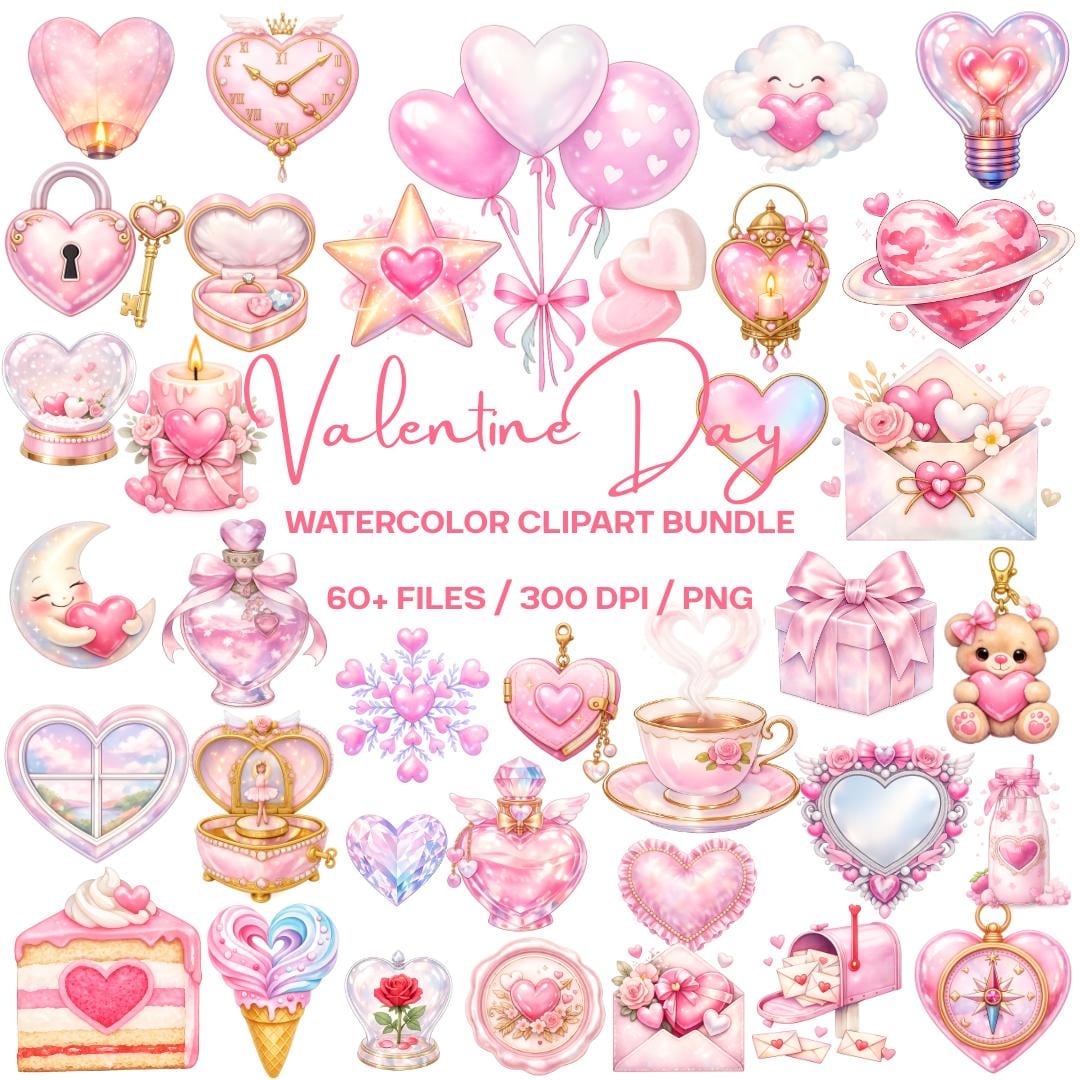 Valentine Watercolor Clipart, Pink Heart PNG, Romantic Love Bundle ...