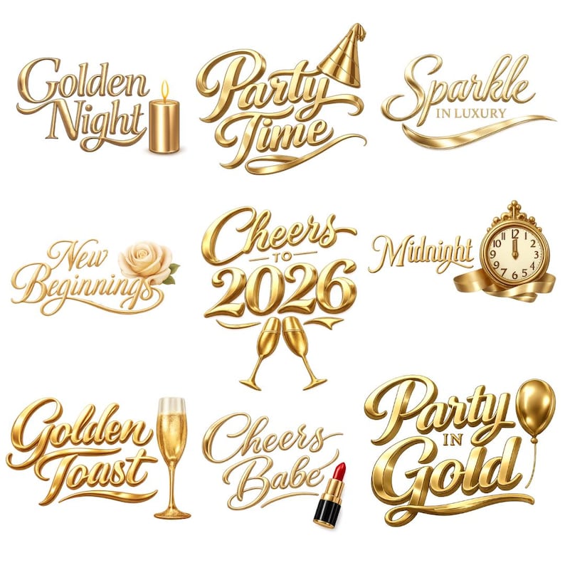 Watercolor New Year Clipart Bundle, Golden Party PNG, Luxury ...