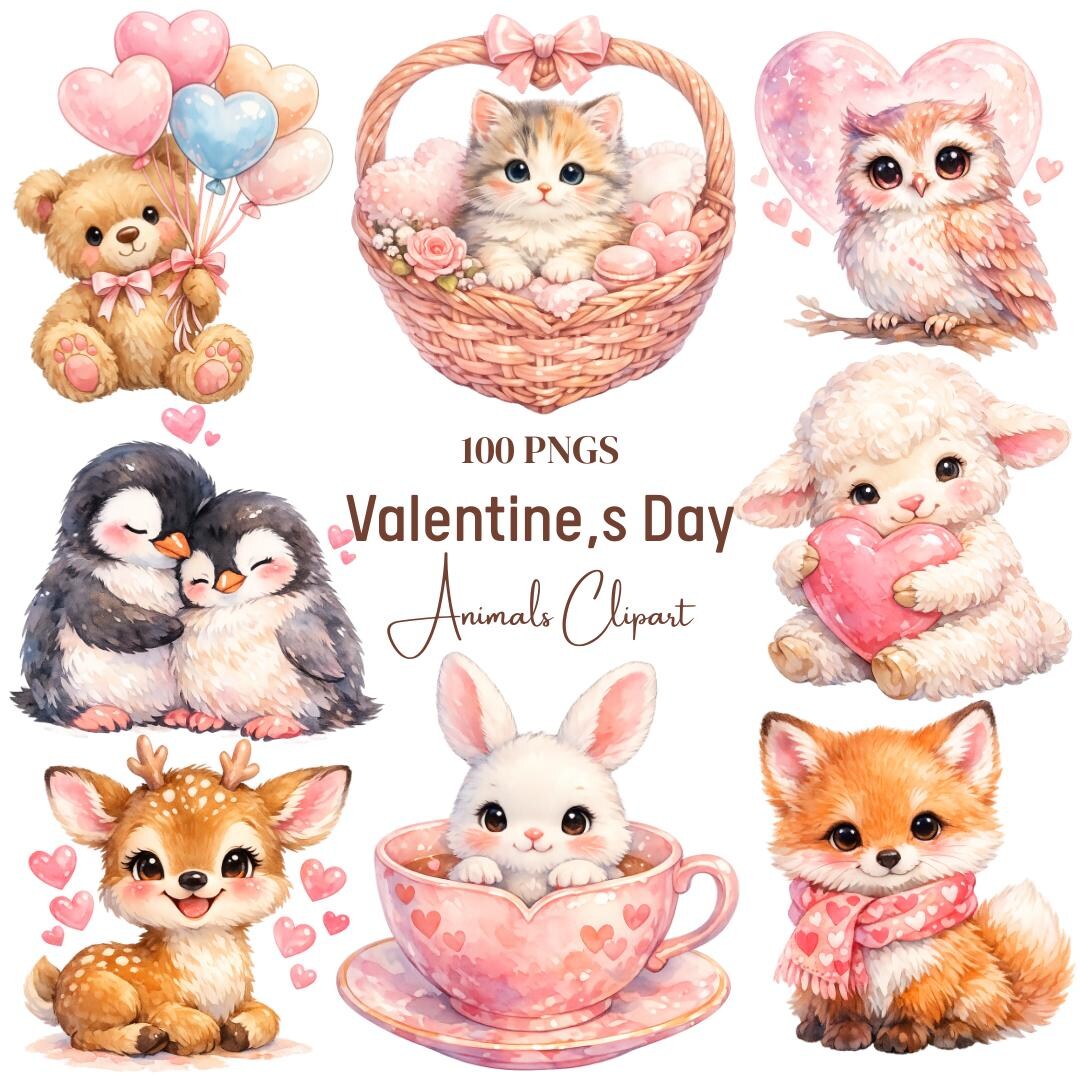 Watercolor Valentine Animals Clipart Bundle PNG Love Baby Animals Heart ...