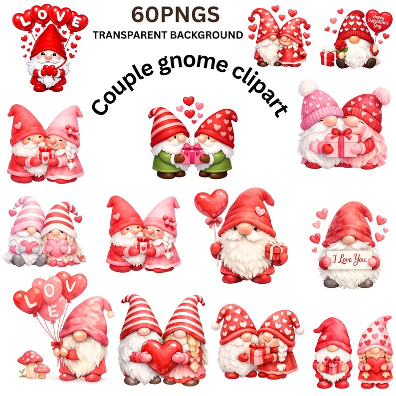 Watercolor Valentine Gnome Couple Clipart | Romantic PNG (digital ...