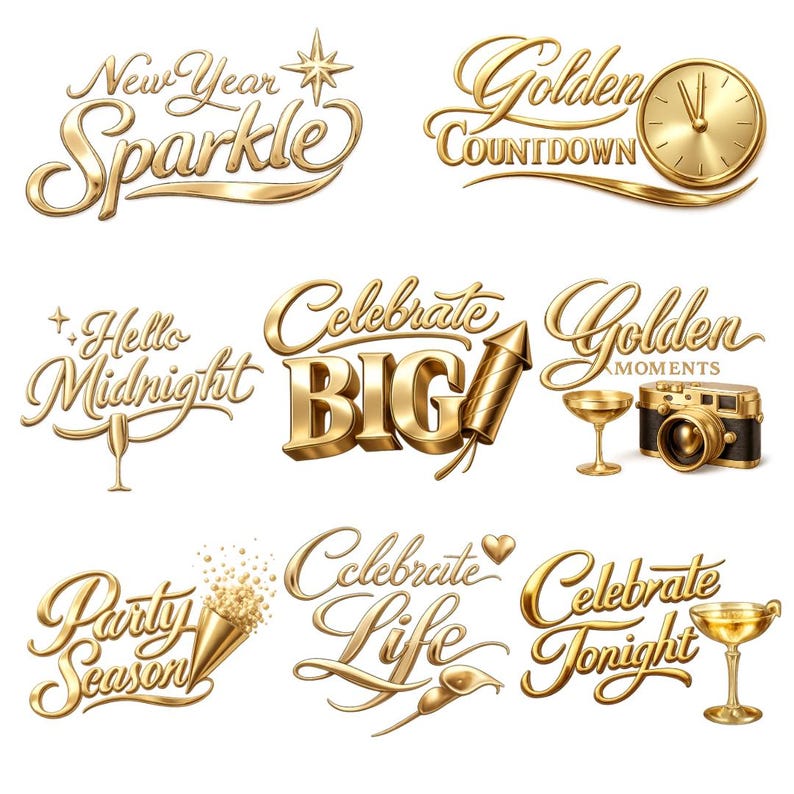 Watercolor New Year Clipart Bundle, Golden Party PNG, Luxury ...