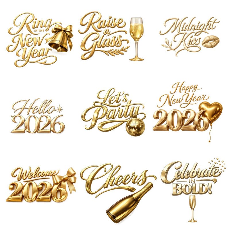 Watercolor New Year Clipart Bundle, Golden Party PNG, Luxury ...