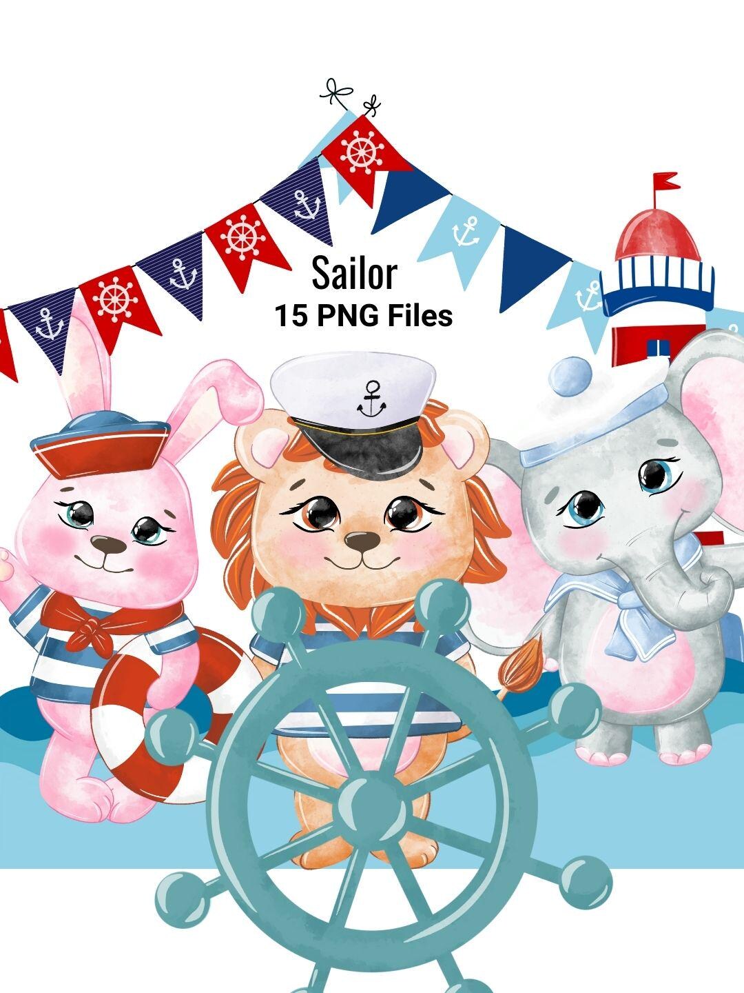 Watercolor Sailor Animals Clipart: Nautical Bunny, Lion, Elephant ...