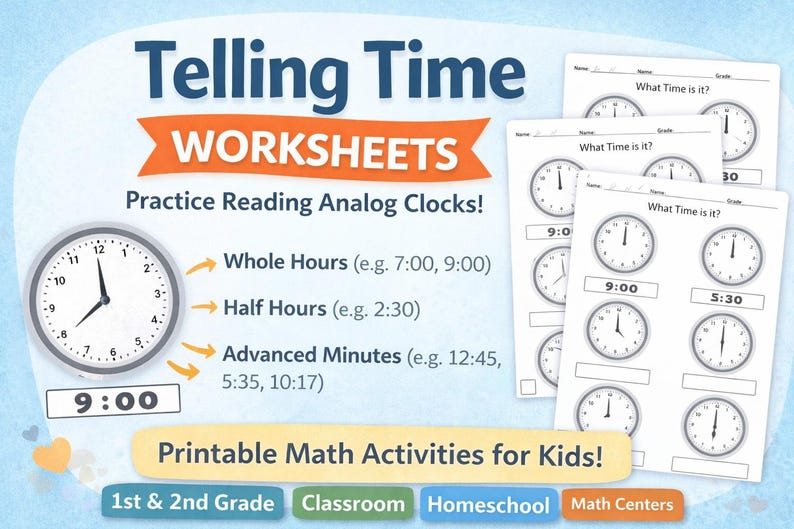 Telling Time Worksheets | Analog Clock Practice for Kids | Time ...