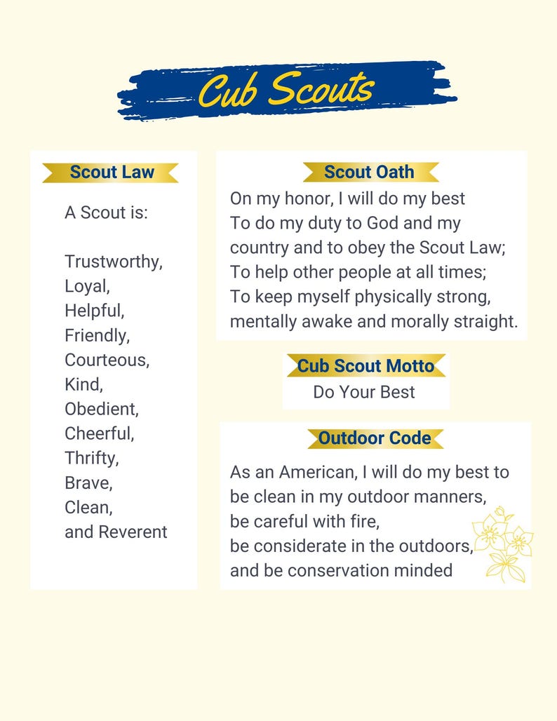 Cub Scouts One Page Scout Law, Oath, Motto and Outdoor Code - Etsy