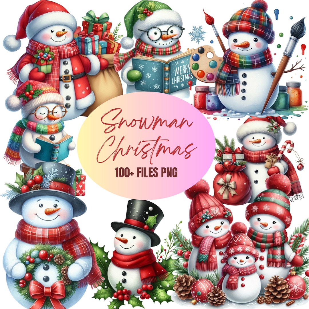 Christmas Snowman Bundle Clipart, 110 PNG Festive Snowmen Graphics ...