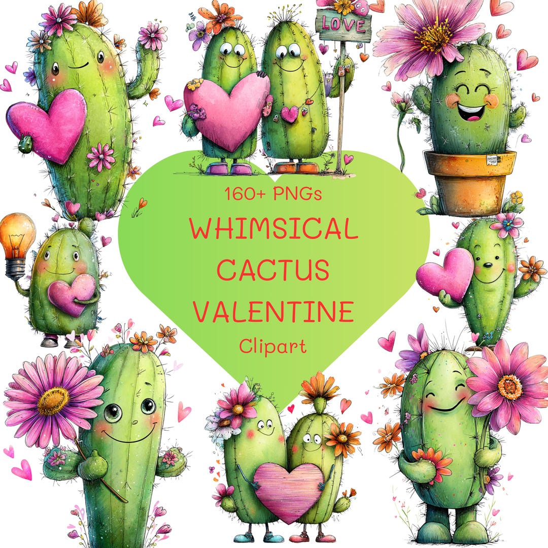 160+ Png, Cute Cactus Valentine Clipart, Love Plant PNG, Adorable Heart ...