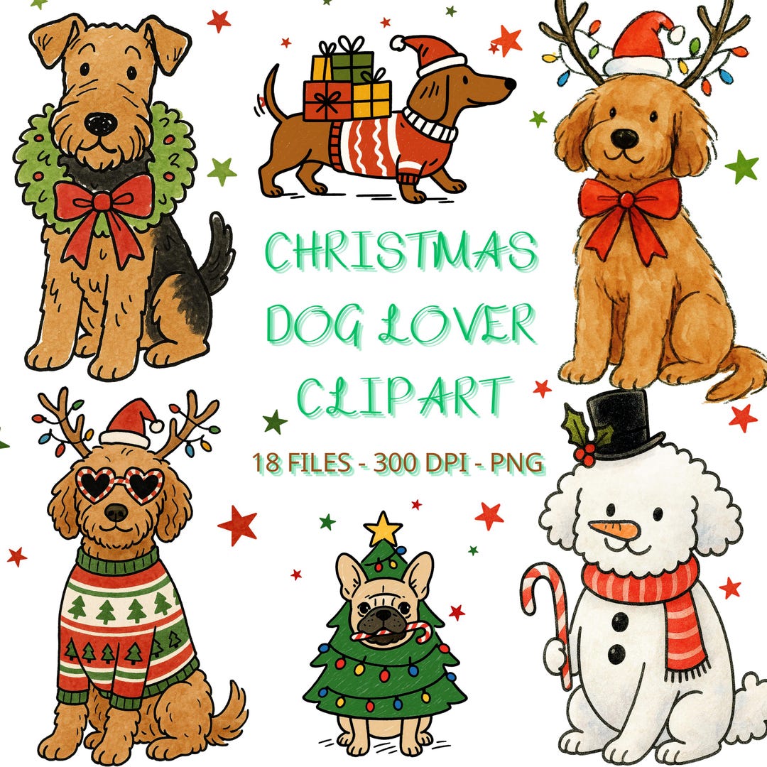 Watercolor Christmas Dog Clipart Bundle, Santa Hat, PNG (digital ...